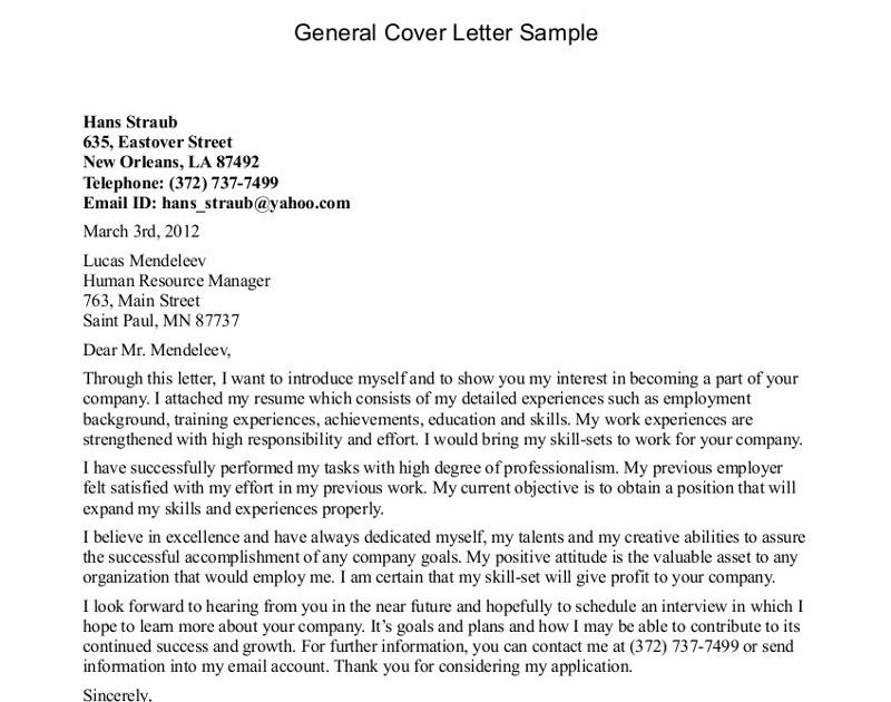General Cover Letter Template ~ Resume Letter