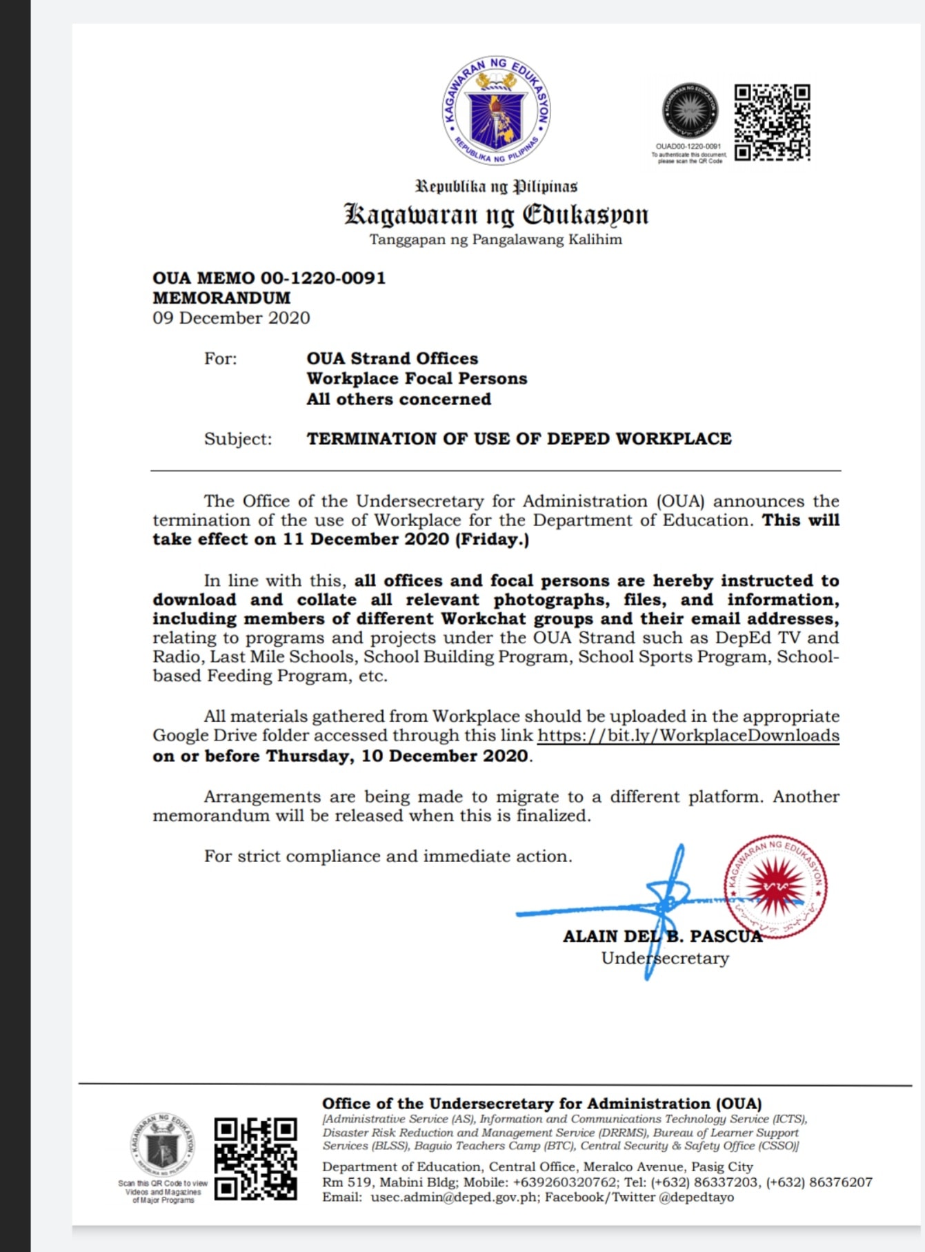 TERMINATION OF USE OF DEPED WORKPLACE - Teachers Click
