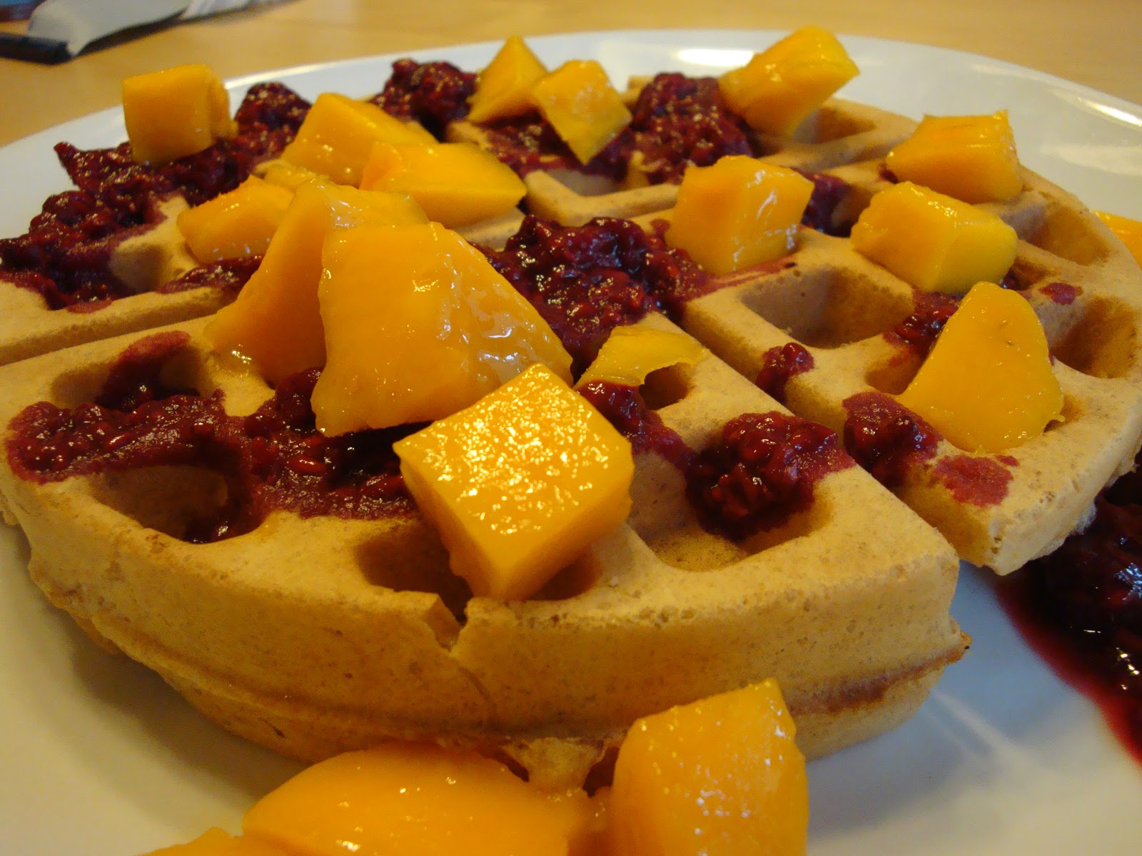 They Call Me Hypo: Whole Wheat Mango Waffles with Raspberry Sauce