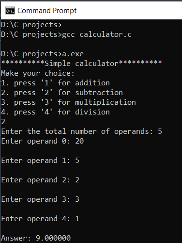 Simple calculator program using switch statement.