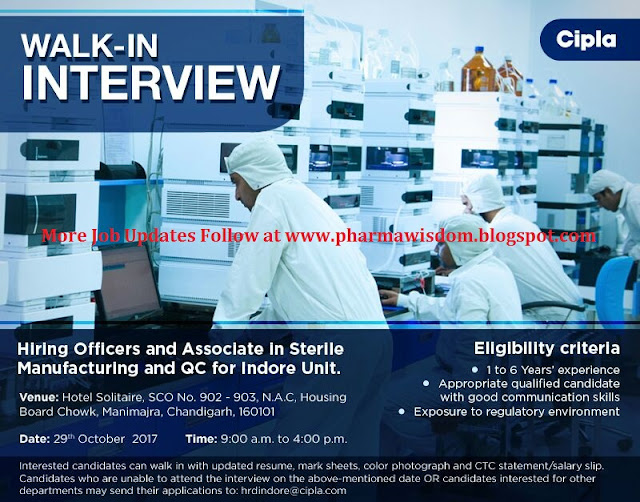 Cipla Limited - Walk-In Interview for Manufacturing & Quality Control on 29th October, 2017 ...