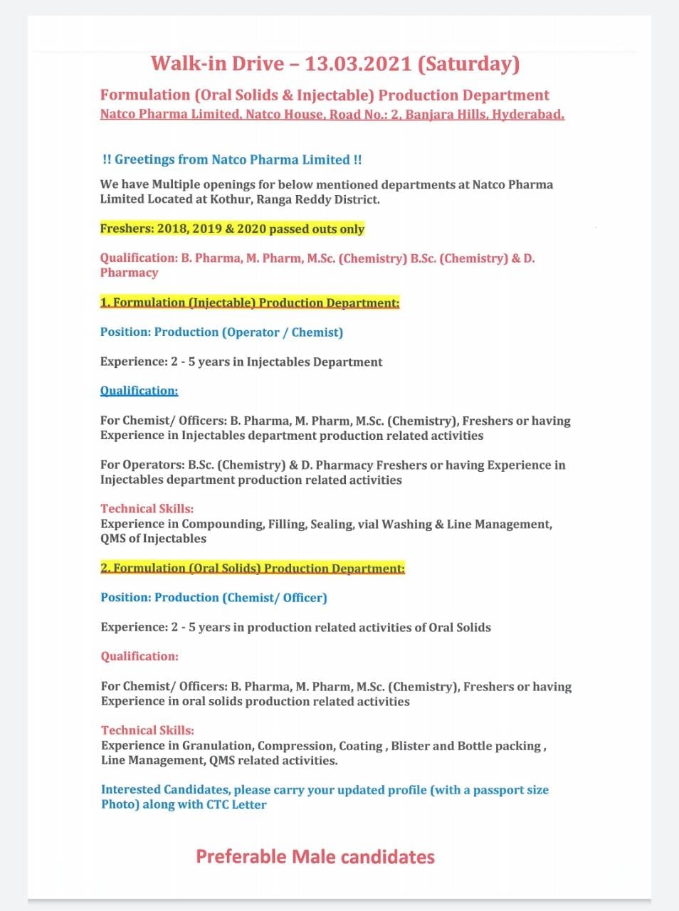 Walk-Ins for Freshers & Experienced on 13th Mar' 2021 @ NATCO PHARMA ...