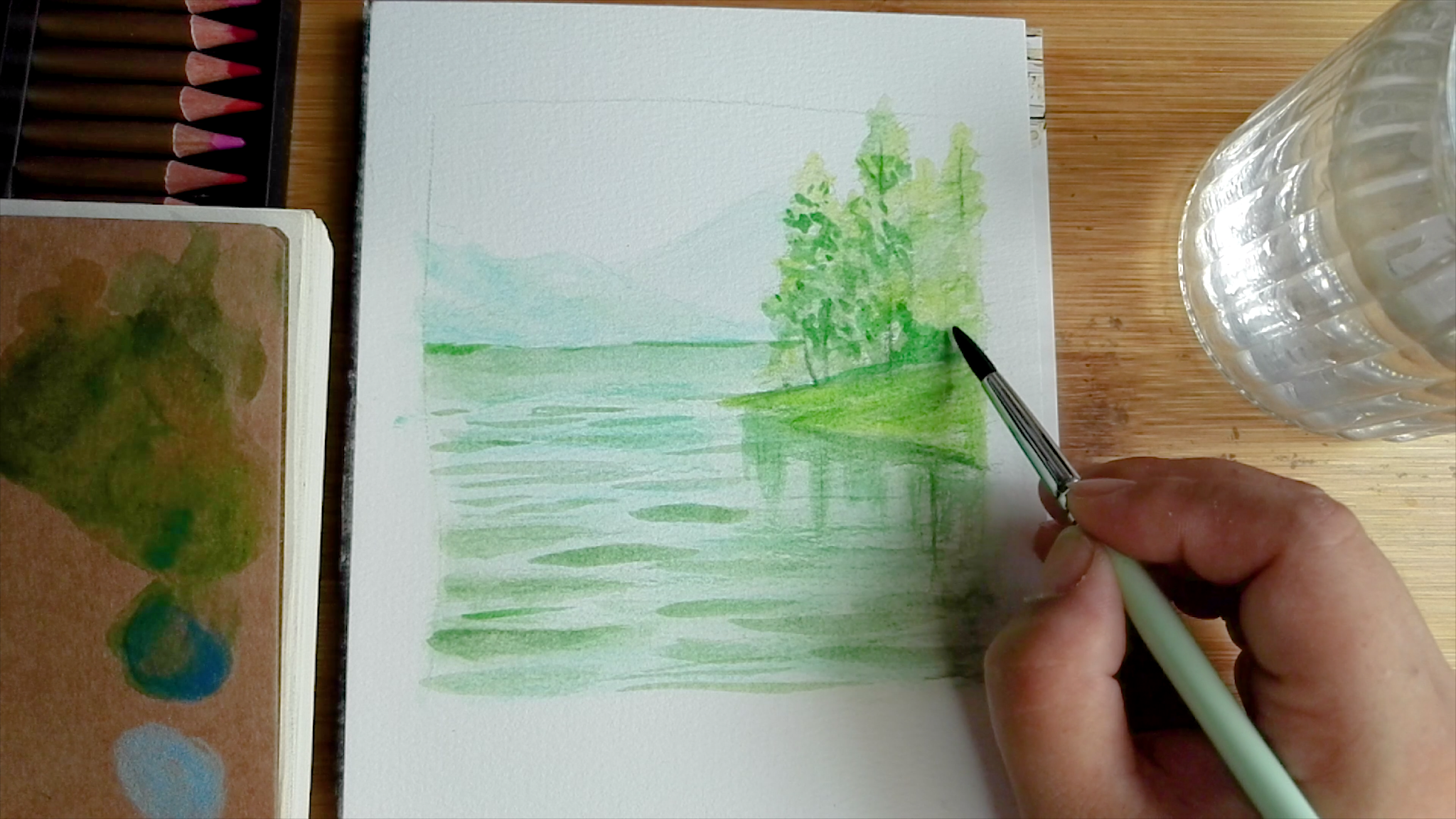 How to draw watercolor pencil lake landscape tutorial