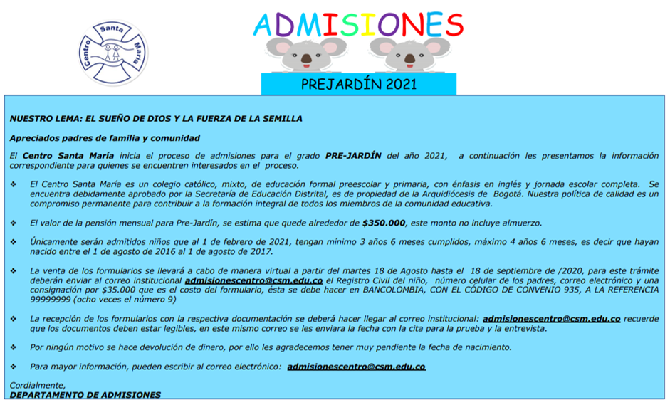 PROCESO DE ADMISIONES 2021- PRE- jARDIN