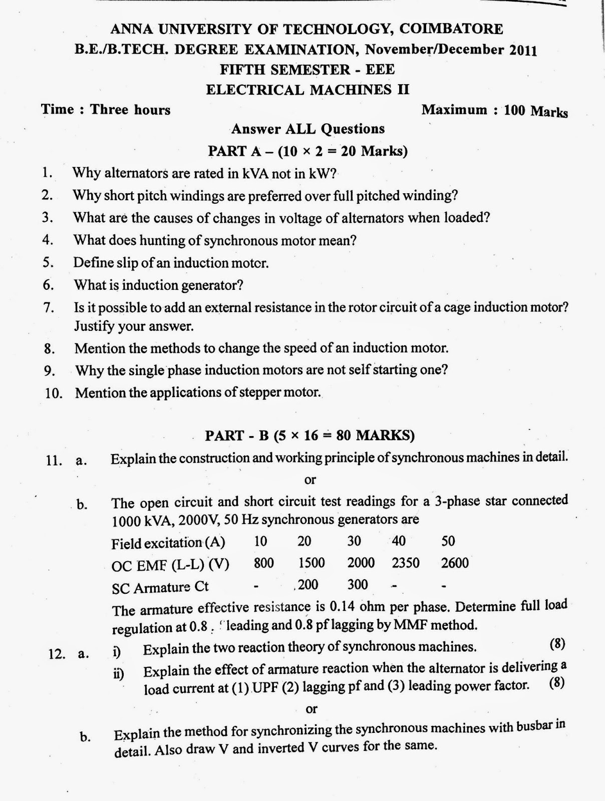 B.E EEE Nov Dec 2011 Question Paper: EE52 Electrical Machines - II ...