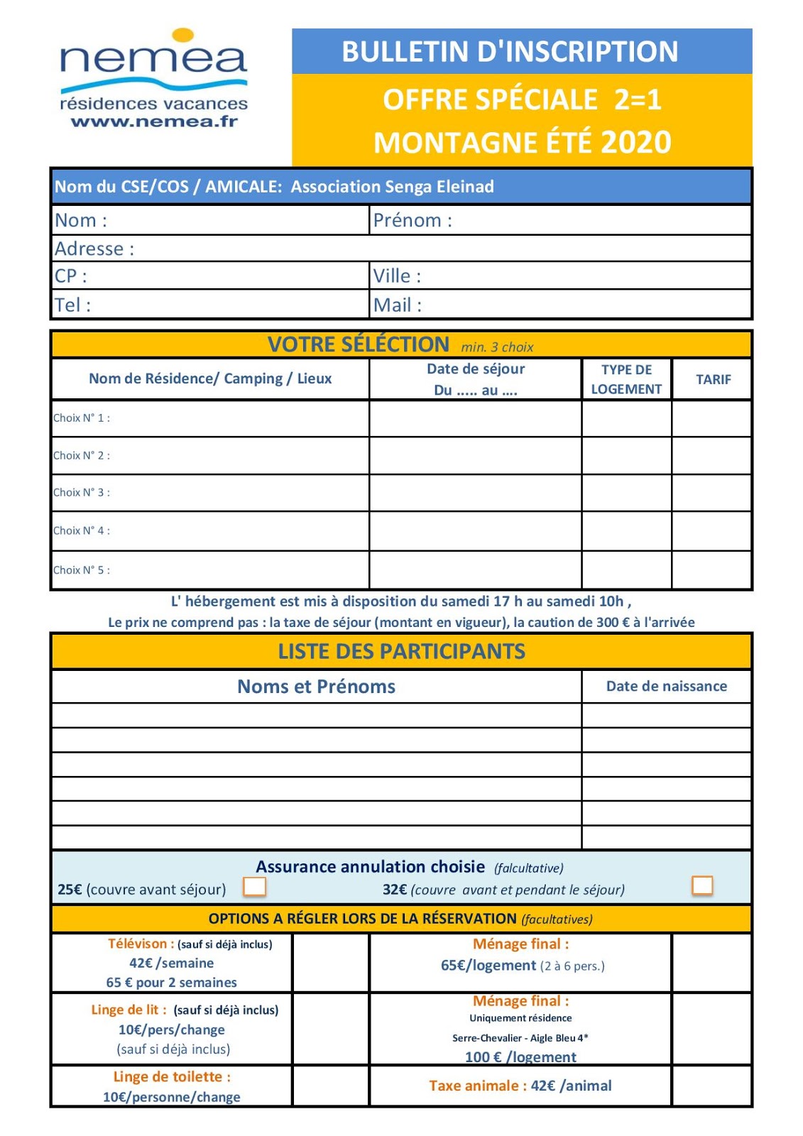 Senga Eleinad: Bulletin d inscription Néméa