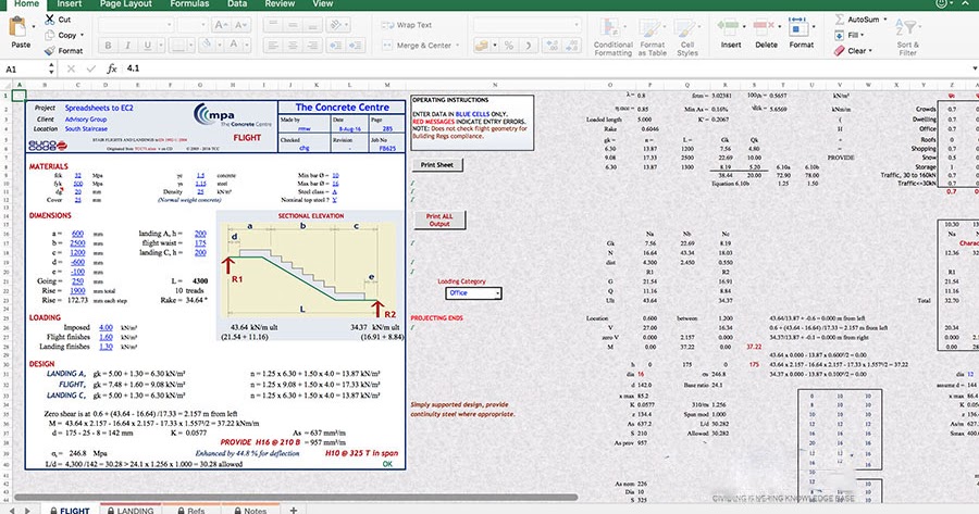 Stair Flight & Landing Design Spreadsheet - الشامل