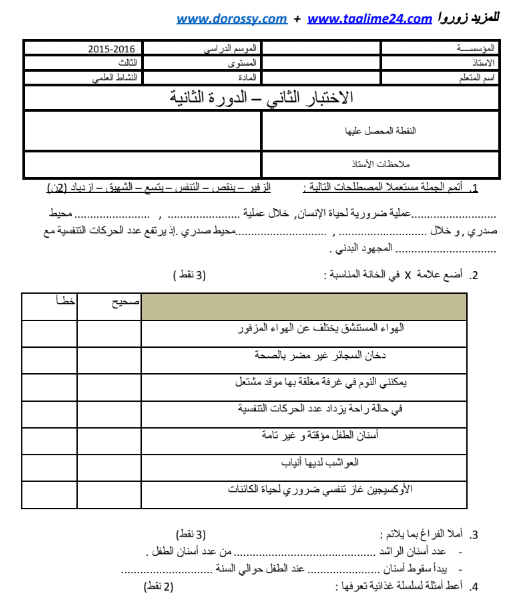 النموذج الخامس الفرض الكتابي الثاني 2 في مادة النشاط العلمي السنة