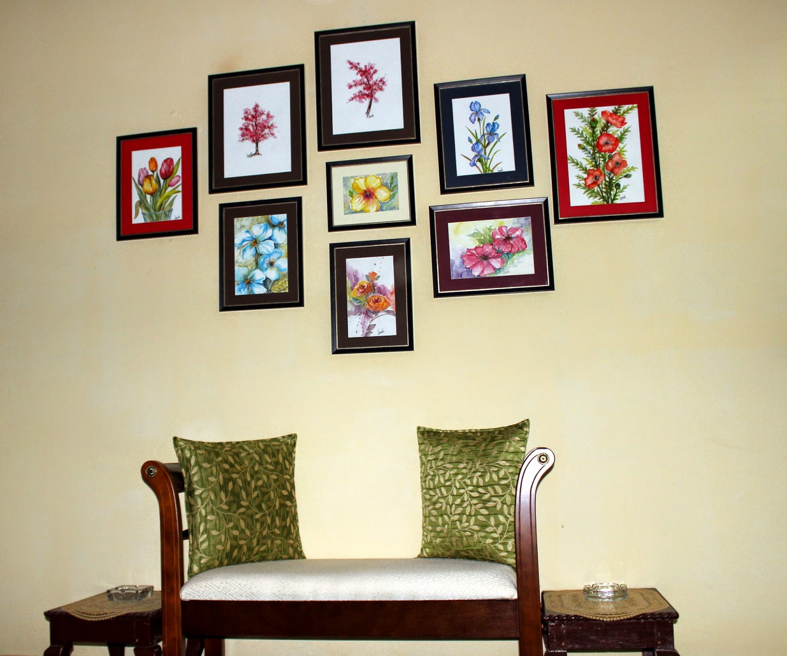 "Living room wall art display"