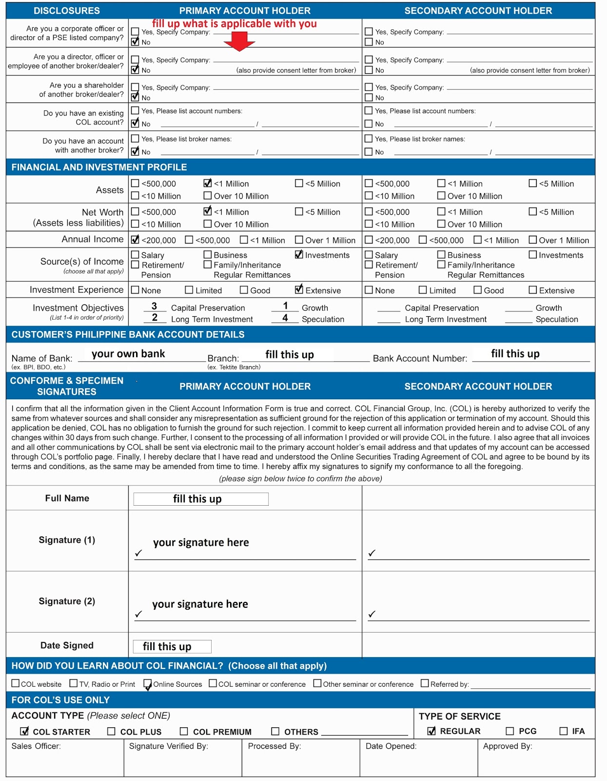 Opening an account in COL Financial