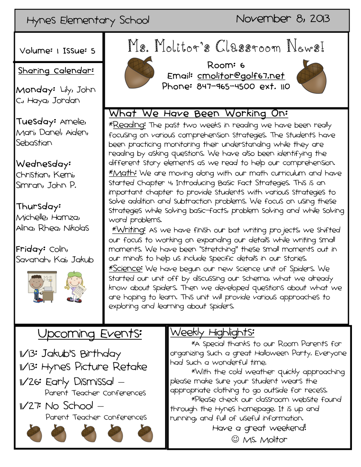 Ms. Molitor's First Grade: Weekly Newsletter