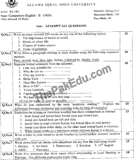 AIOU B.A Past Papers course code 1424 Read Online