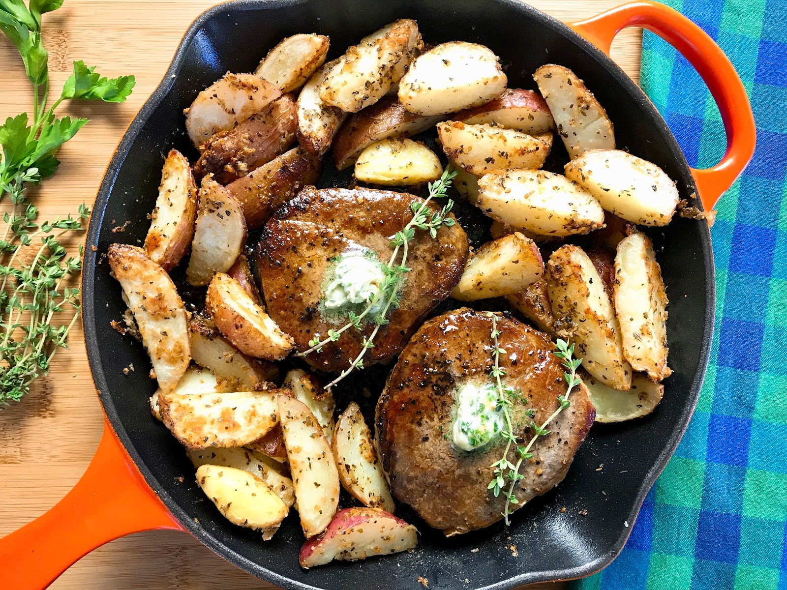 Skillet Garlic Herb Butter Steak And Parmesan Potatoes