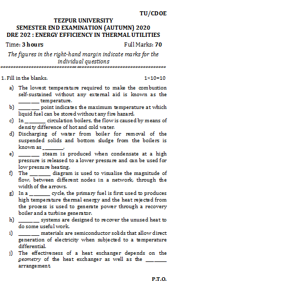 TEZPUR UNIVERSITY (TU/CDOE) AUTUMN SEMESTER END DRE 202: ENERGY ...