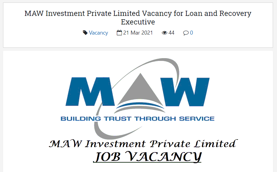 MAW Investment Private Limited Vacancy Announcement | Chetan TM