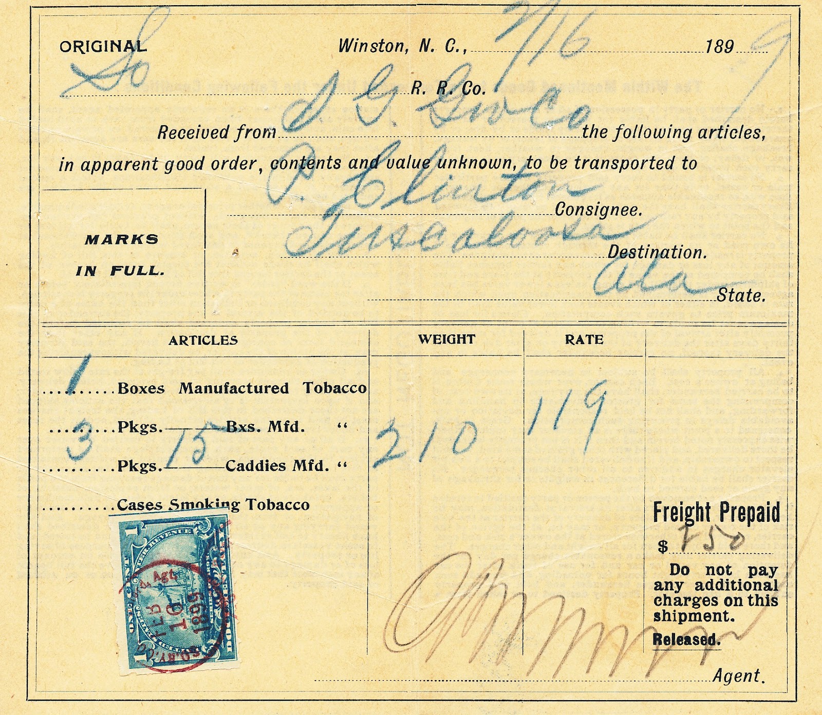1898 Revenues: Southern Railway Bill of Lading
