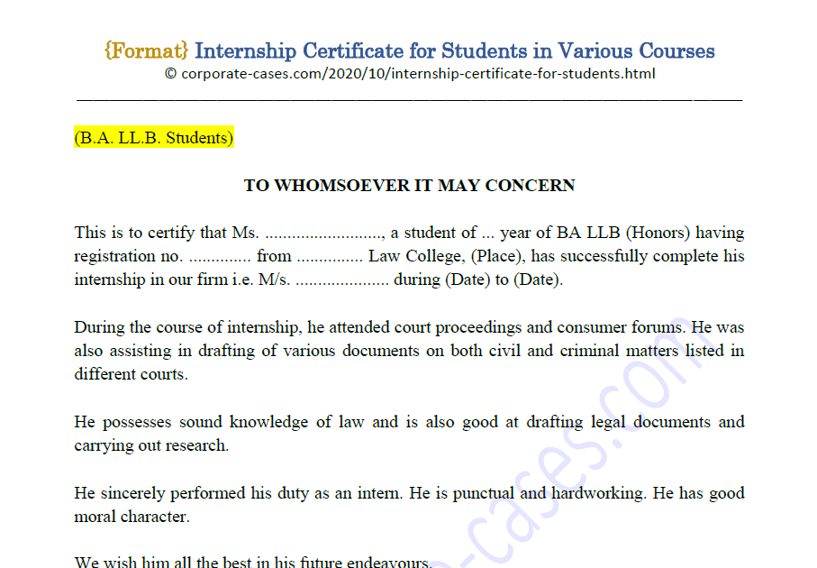 Internship Certificate Formats for Students in Various Courses
