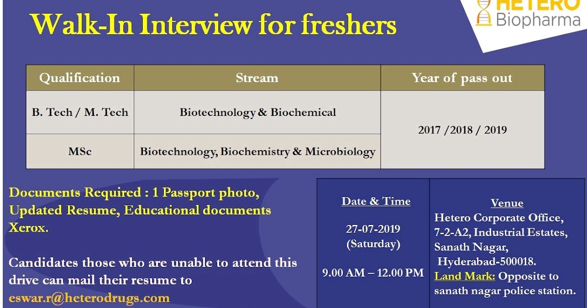 Hetero Biopharma | Walk-in interview for Freshers | 27 July 2019 | Hyderabad