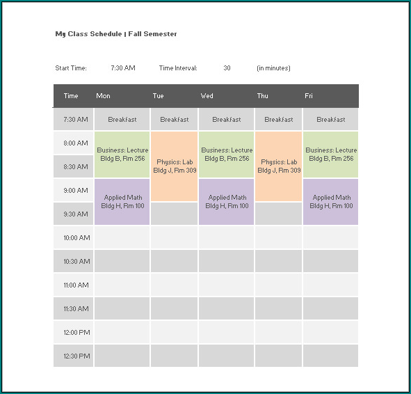 Class Schedule Excel Template ~ Medical Resume