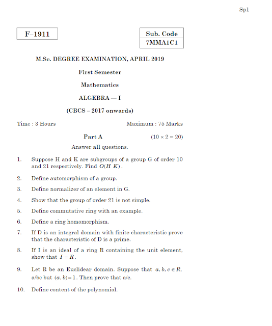 Alagappa University M.Sc. Mathematics ALGEBRA — I APRIL 2019 Question ...