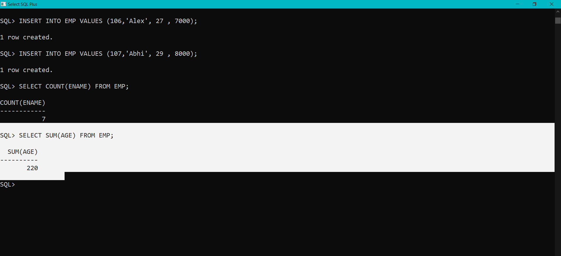 Create table emp with attributes (eid number,ename varchar2(10),age ...