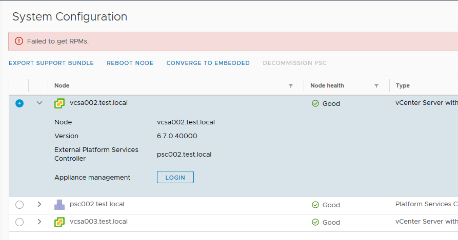 VCSA 6.7 External PSC Converge Process Failed with "Failed to Get RPMs"