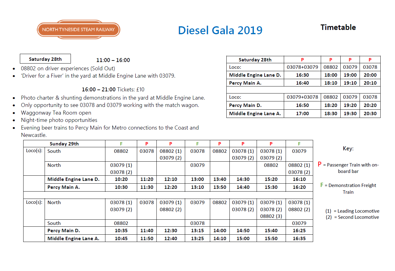 North Tyneside Steam Railway: Diesel Gala Timetable