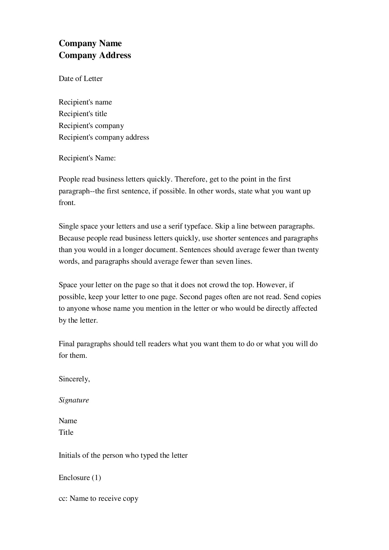 Business Letter Format With Cc And Enclosure - Birthday Letter