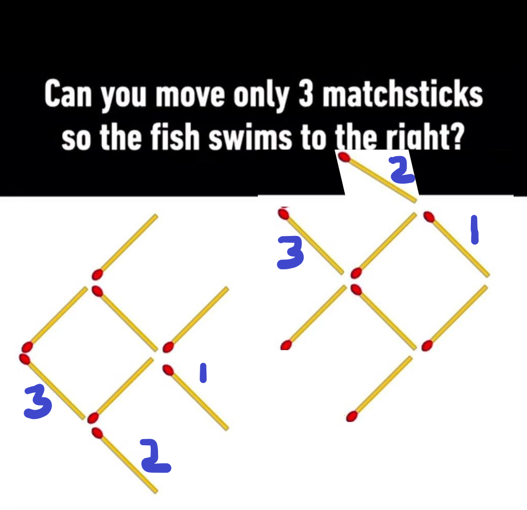 Can You Move Only 3 Matchsticks So The Fish Swims Right With Answer can-you-move-only-3-matchsticks-so-the-fish-swims-right-with-answer