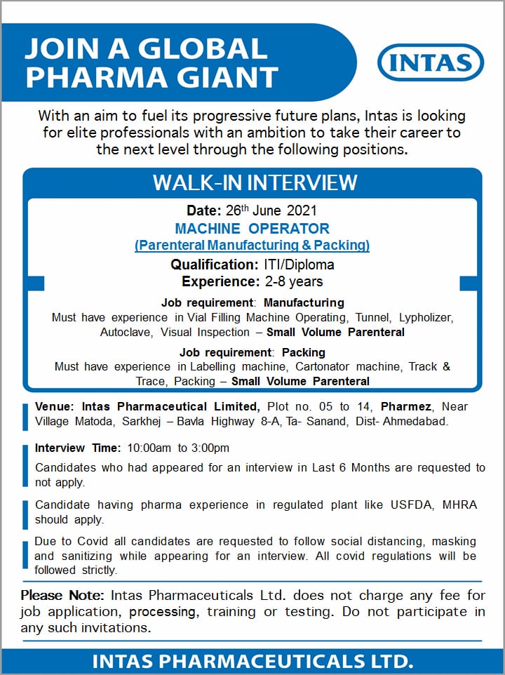 Intas Pharmaceuticals Walk-In-interview for Parenteral Manufacturing & Packing on 26th June 2021