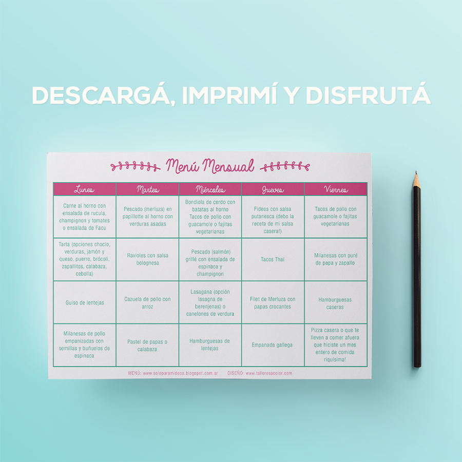 Menú mensual para imprimir / Sólo para Mí