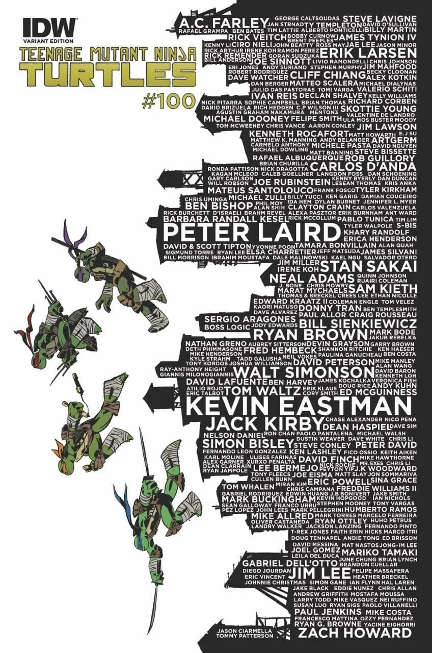 NickALive!: IDW's TMNT #100 Variant Cover Lists Every Creator Who Ever ...