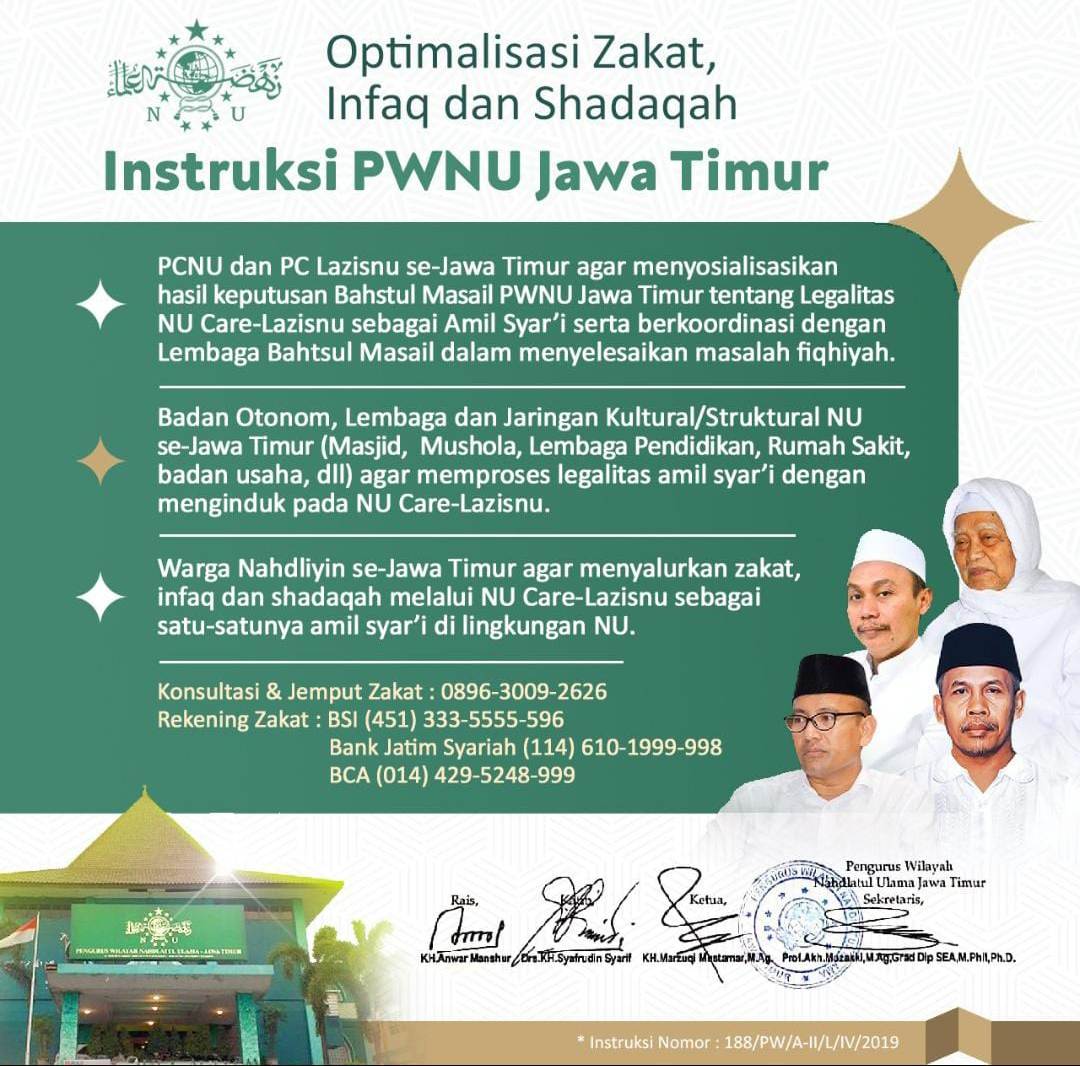 PWNU Jatim Instruksikan Nahdliyin Salurkan ZIS melalui NU Care-LAZISNU PWNU Jatim Instruksikan Nahdliyin Salurkan ZIS melalui NU Care-LAZISNU