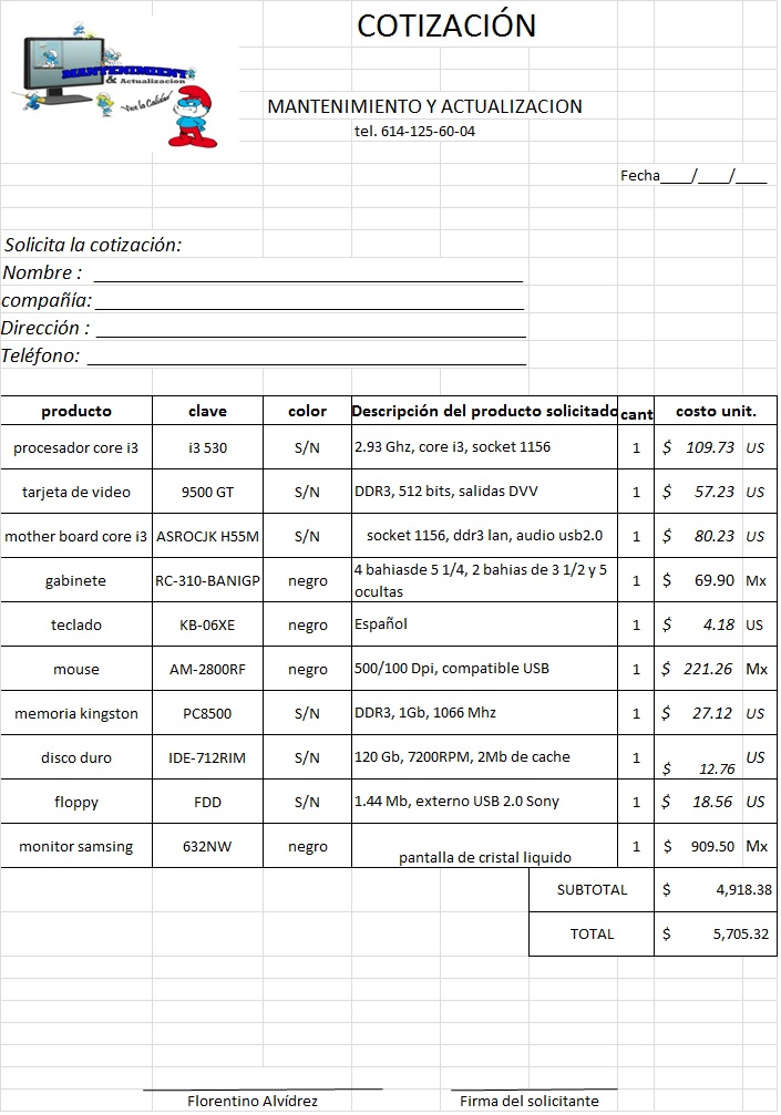 MANTENIMIENTO Y ACTUALIZACION DE EQUIPOS DE COMPUTO: Hojas de cotización