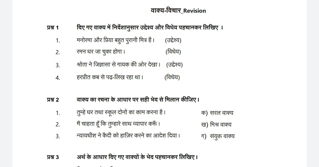 Hindi Homework- Vakya vichar Revision worksheet