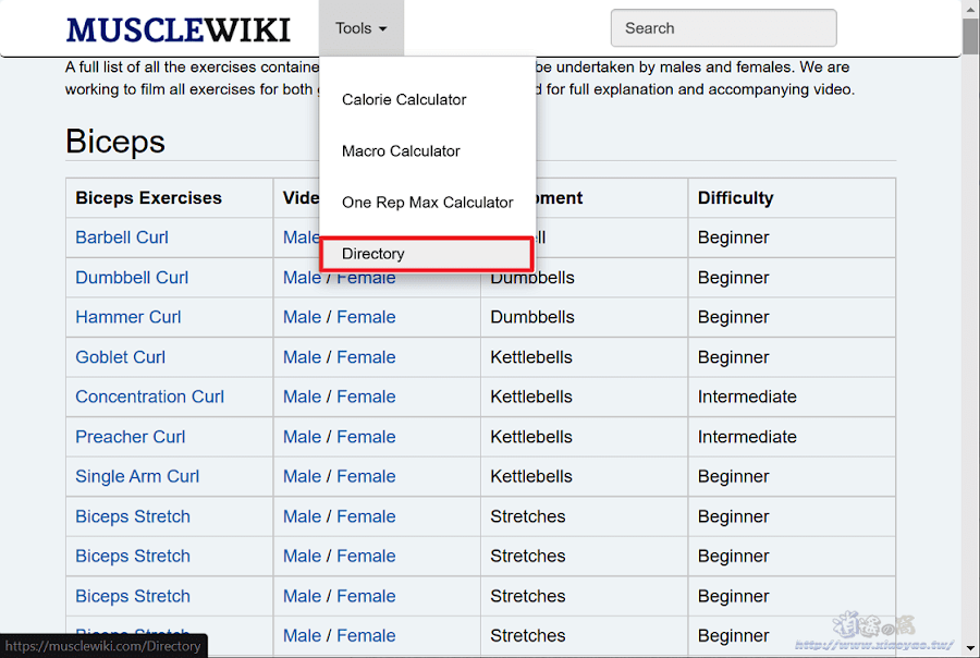 MuscleWiki 肌肉訓練示範教學網站，提供五種方式鍛煉全身各部位肌肉