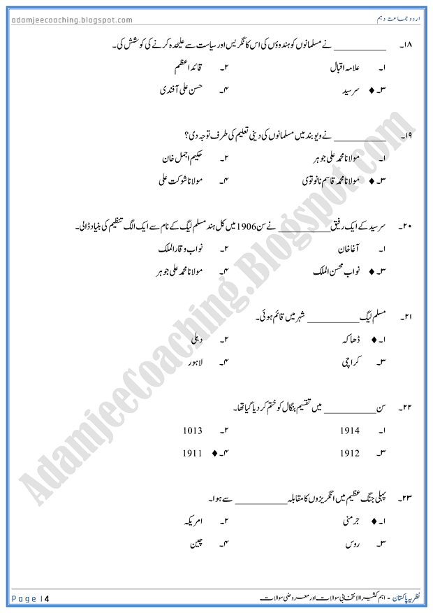 Adamjee Coaching: Nazaria Pakistan - MCQs - Urdu 10th