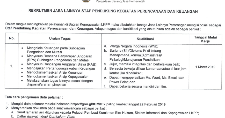 Lowongan Lembaga Kebijakan Pengadaan Barang/Jasa Pemerintah Februari 2019 - LOWONGANKERJA15.COM ...
