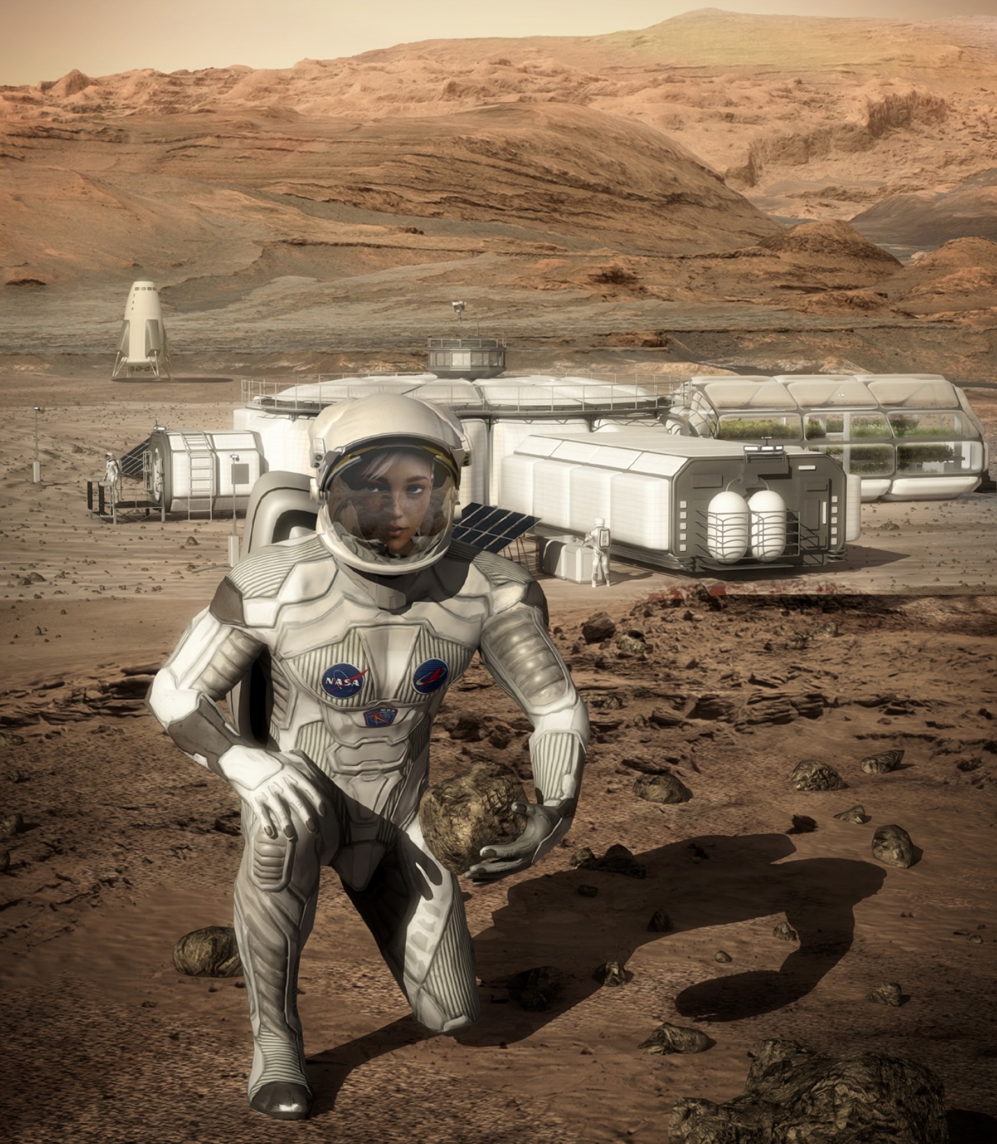 Female astronaut in front of Mars base by Bryan Versteeg | human Mars