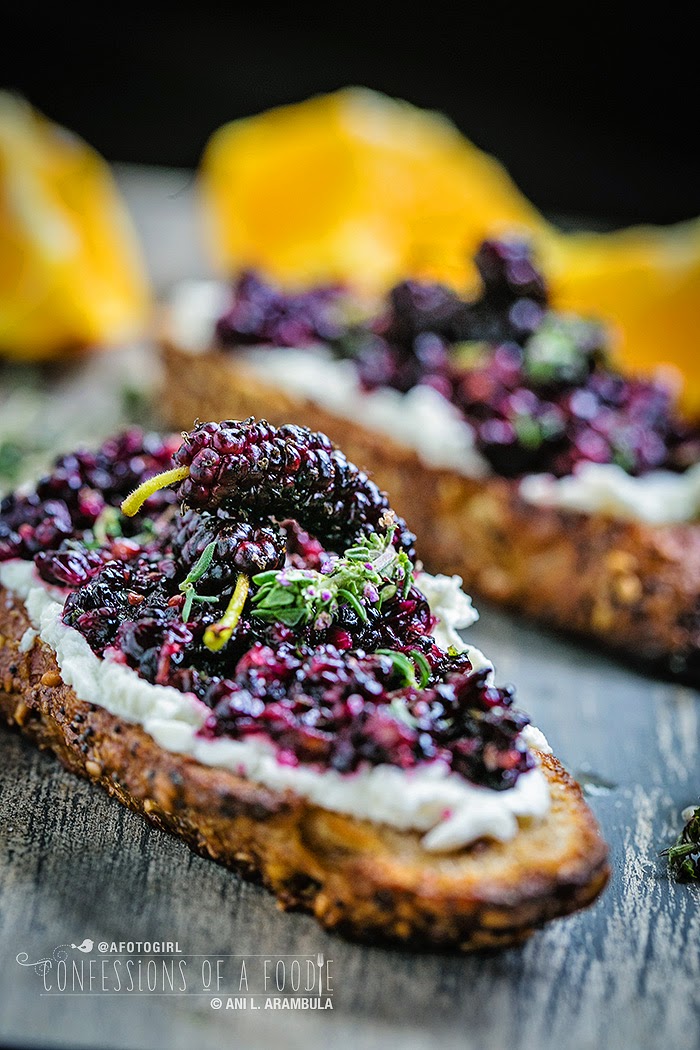 Thyme and Orange Roasted Mulberries on Chèvre Smeared Toast