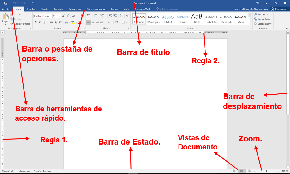 Elementos de la ventana de Word.