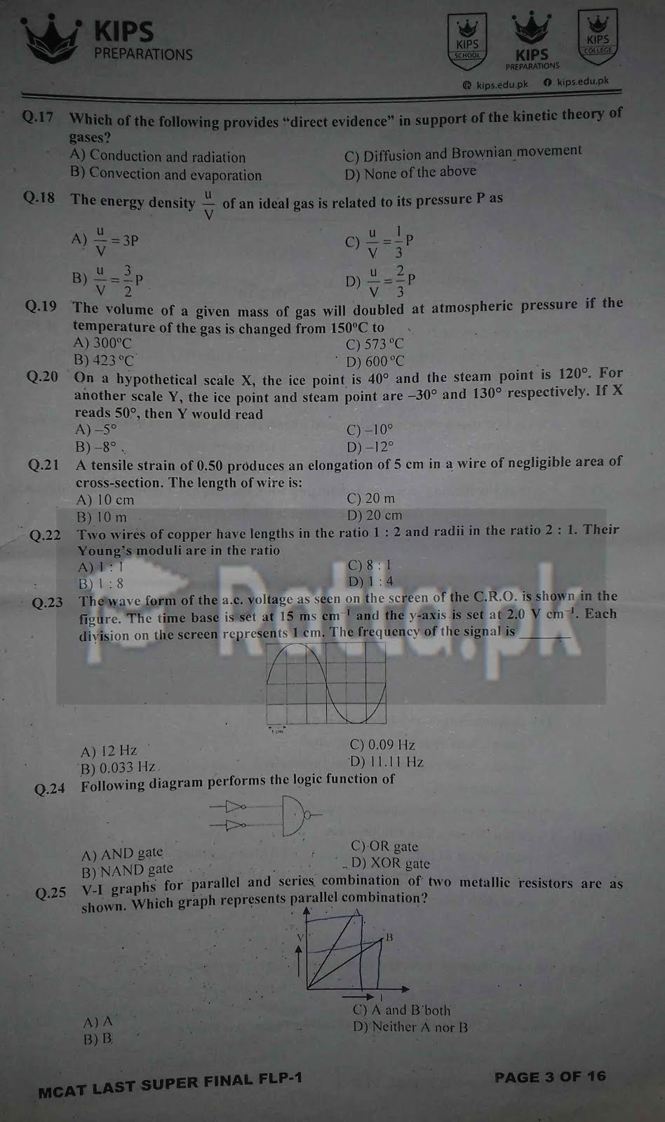 KIPS MCAT Ful Length Paper-1 Physics 2016| MCAT Last Super Final - Ratta.pk