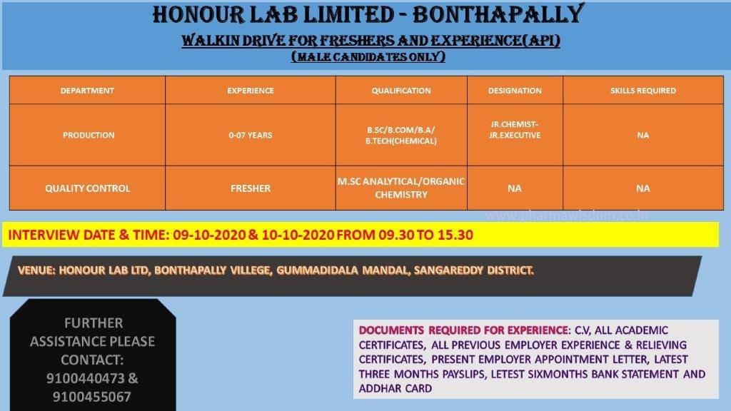 HONOUR LAB LIMITED - Walk-In Drive for Freshers & Experienced in ...
