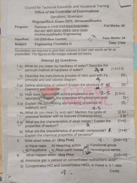 Engineering Chemistry II - 2nd Semester Questions Papers CTEVT ...