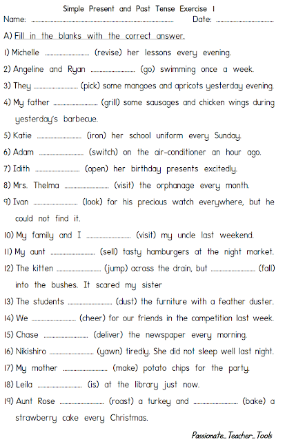Passionate Teacher Tools: Simple Present & Past Tense Exercise 1 (With ...