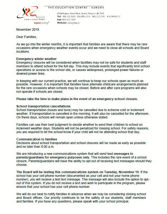 Charlton P.S. Blog: Severe Weather - YRDSB Letter to Families