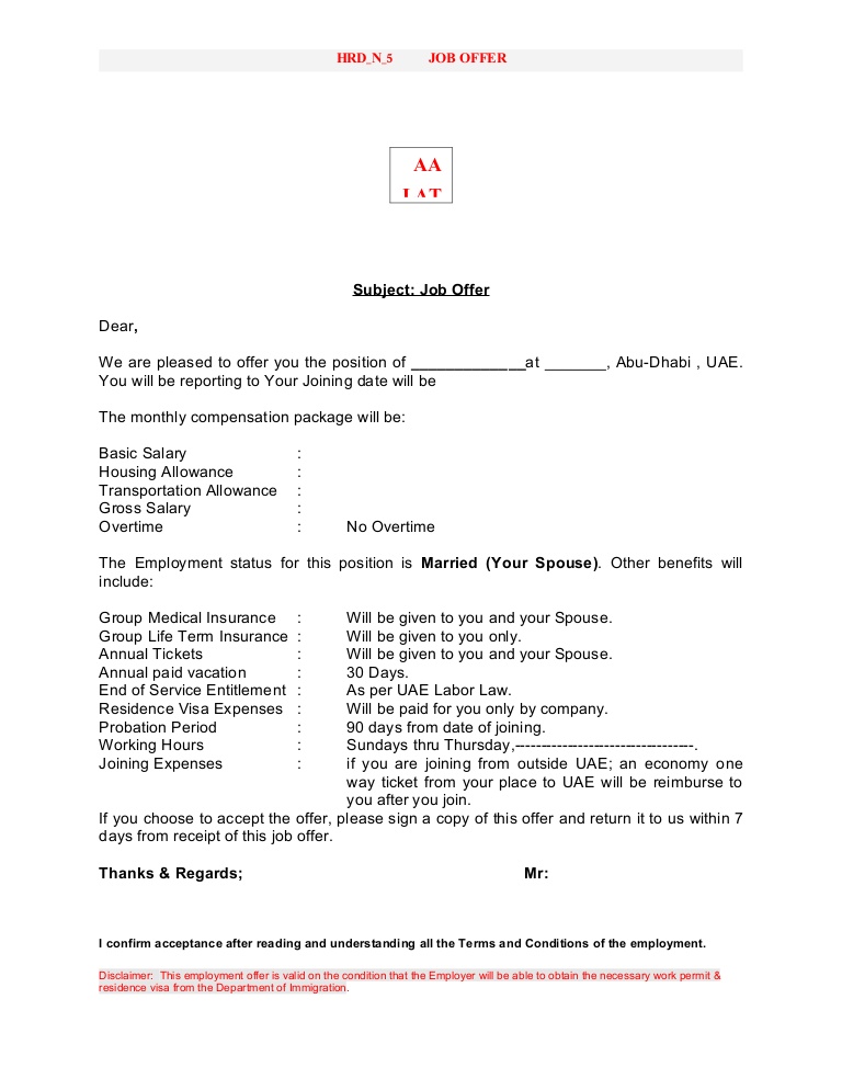 Offer Letter Format Uae - Formal Letter