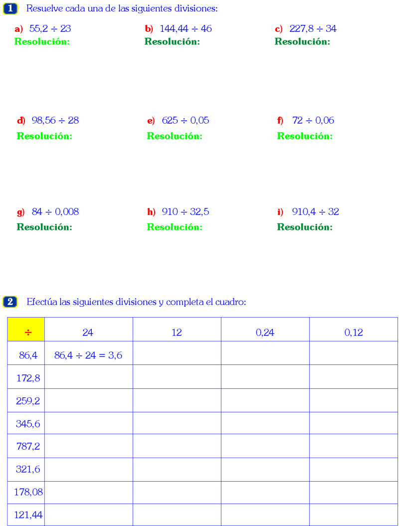 DIVISION DE NÚMEROS DECIMALES EJERCICIOS RESUELTOS