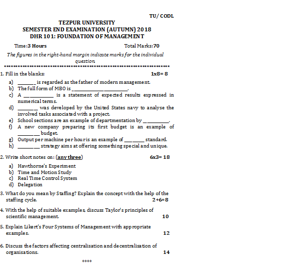 TEZPUR UNIVERSITY (TU/CODL) SEMESTER END DHR 101: FOUNDATION OF ...