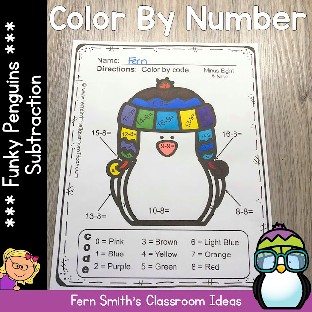 WINTER COLOR BY NUMBER FUNKY PENGUINS ADDITION, SUBTRACTION ...